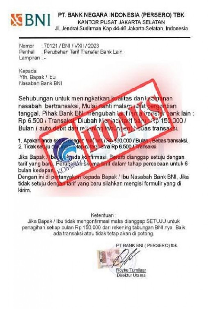 [HOAKS] Surat Mengatasnamakan BNI Berisi Perubahan Tarif Transfer Bank Lain | Infohoax Badung