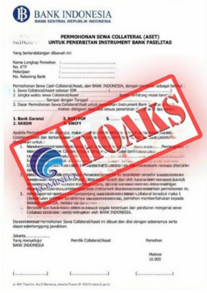 [HOAKS] Surat Permohonan Sewa Cash Collateral Mengatasnamakan Bank Indonesia | Infohoax Badung